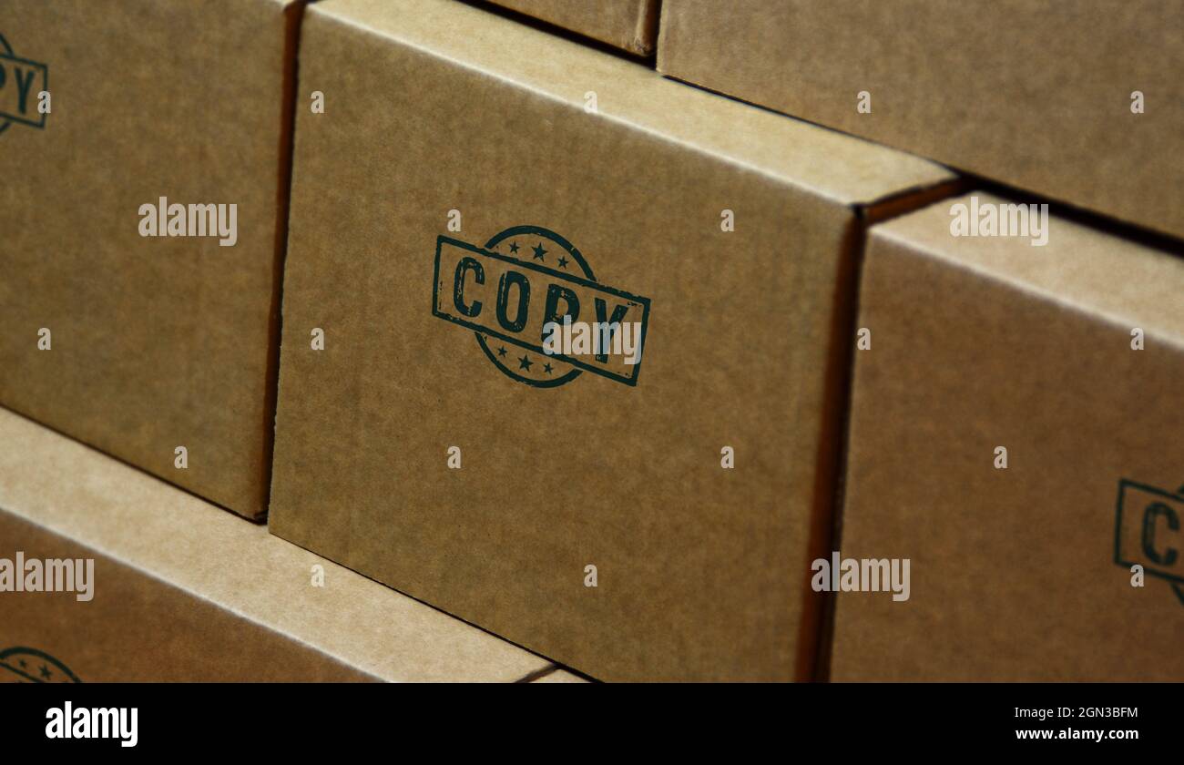 Copy stamp printed on cardboard box. Reproduction and duplicate ...