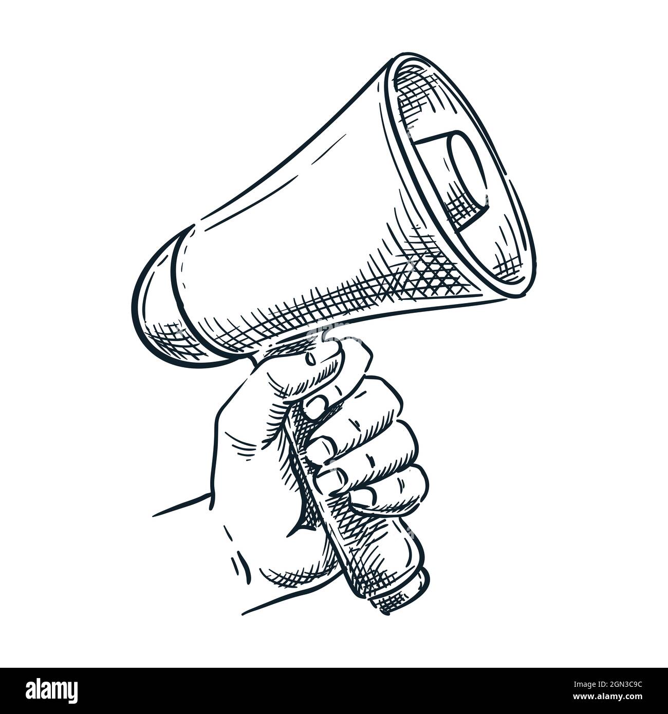 Human hand holding loudspeaker. Vector hand drawn sketch illustration. Megaphone doodle icon ...