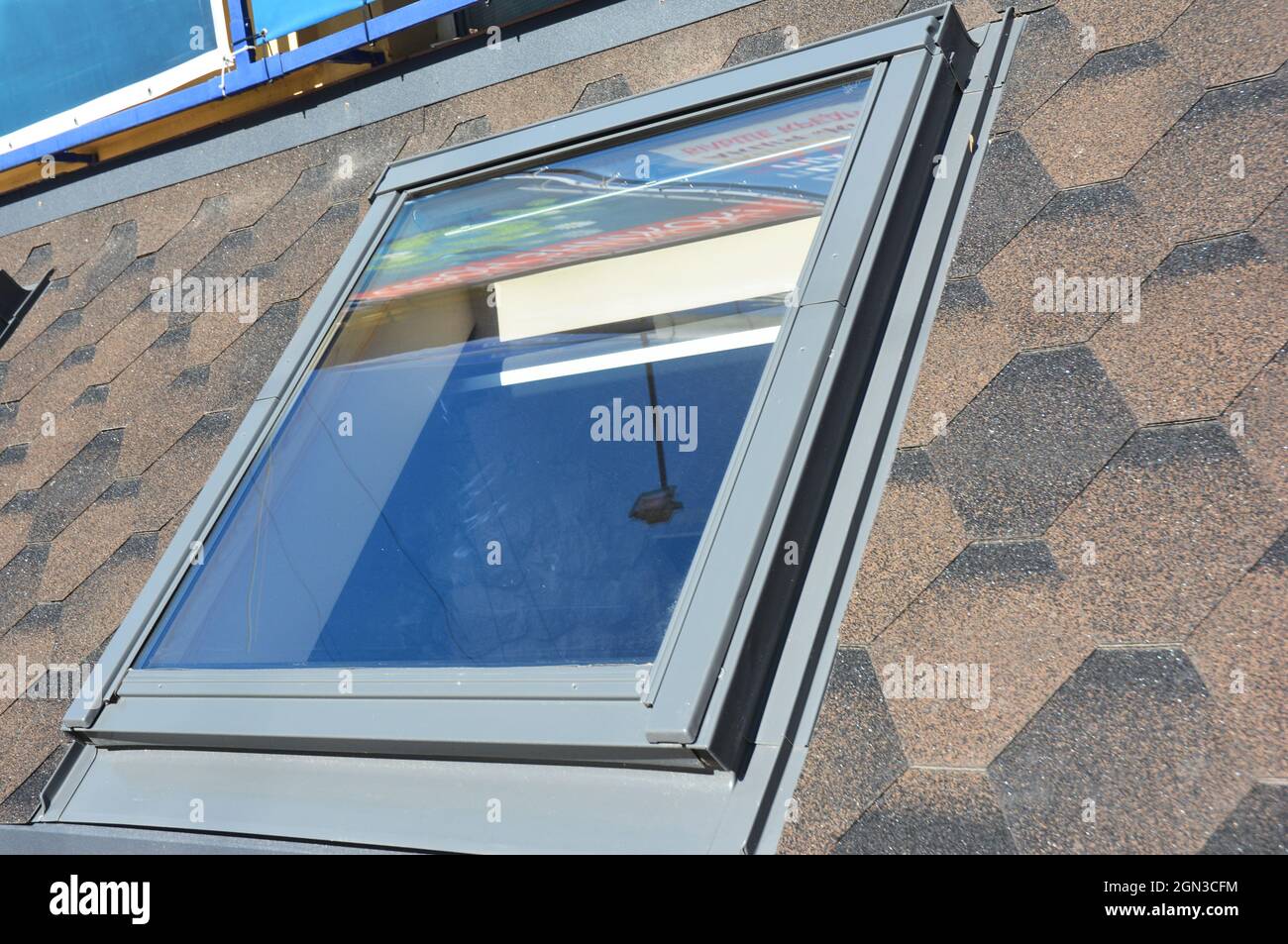 KYIV, UKRAINE - December, 27, 2018: Close up on attic skylight window ...