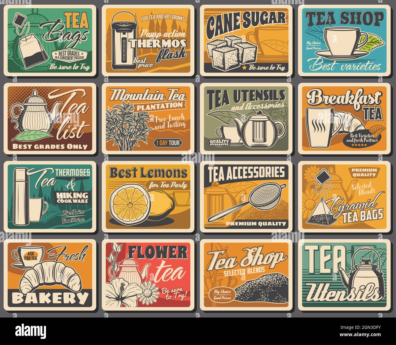 Tea blends, utensils and bakery shop retro posters set. Vacuum flasks ...