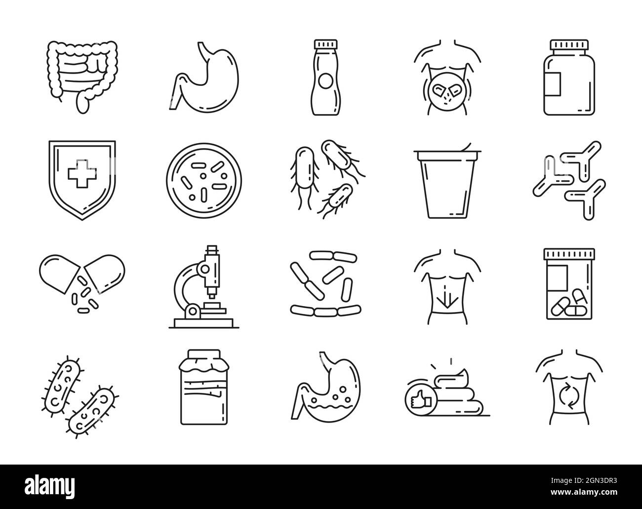 Probiotic, lactobacillus and prebiotic bacteria icons. Intestines ...