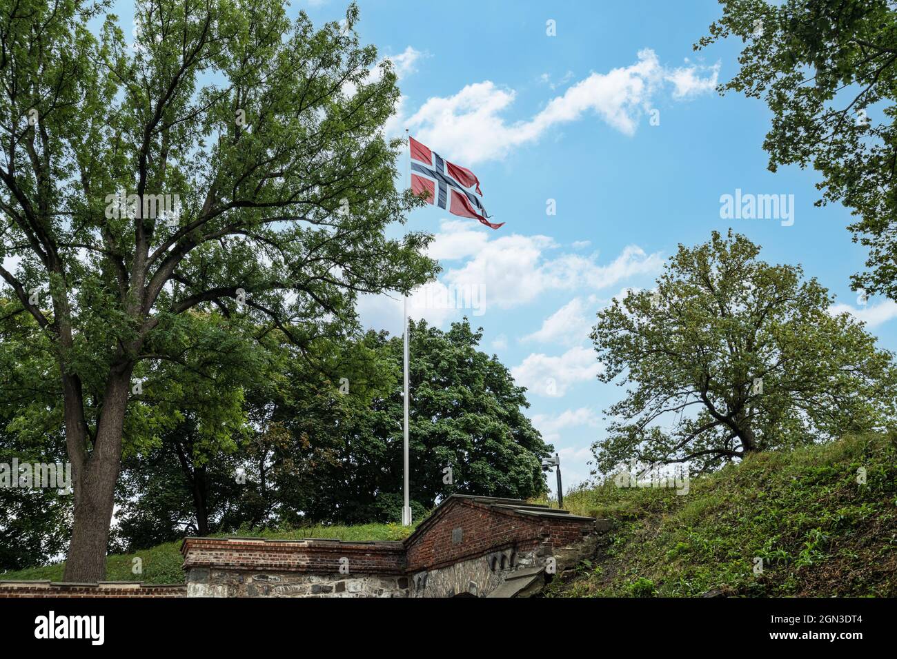 Oslo, Norway. September 2021. The panoramic view of Akershus Fortress ...