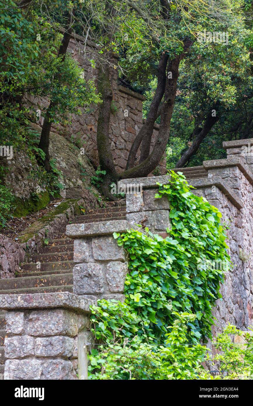 Stone stairs on the paths around the Montserrat monastery in Catalonia ...