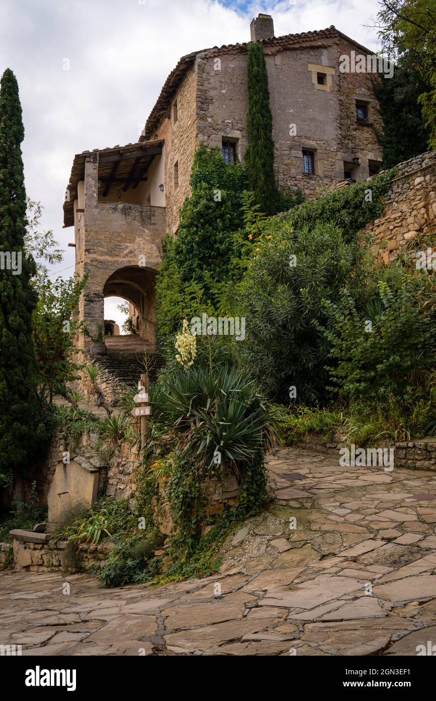 Medieval stone house with staircase and rock floor with creepers on the ...