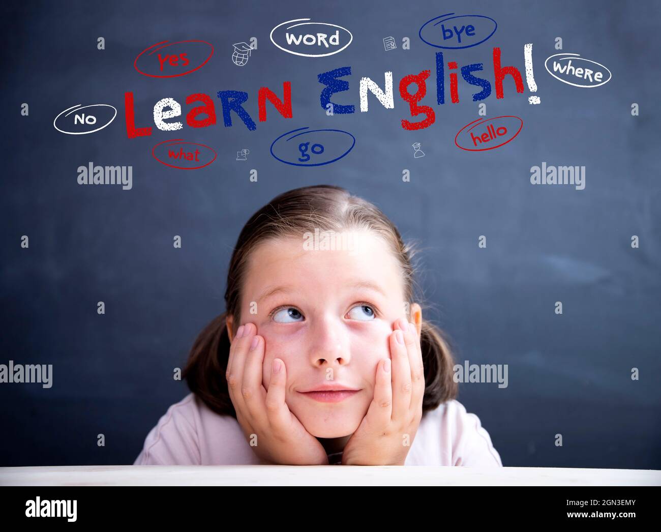 Language education, learn english concept. Little girl with eyeglasses ...