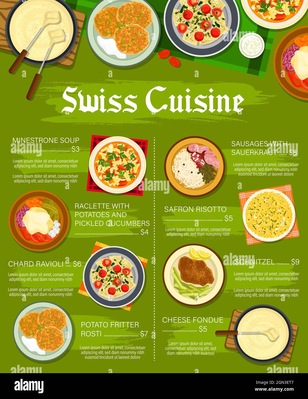 Swiss cuisine restaurant menu template. Minestrone soup, Raclette with ...