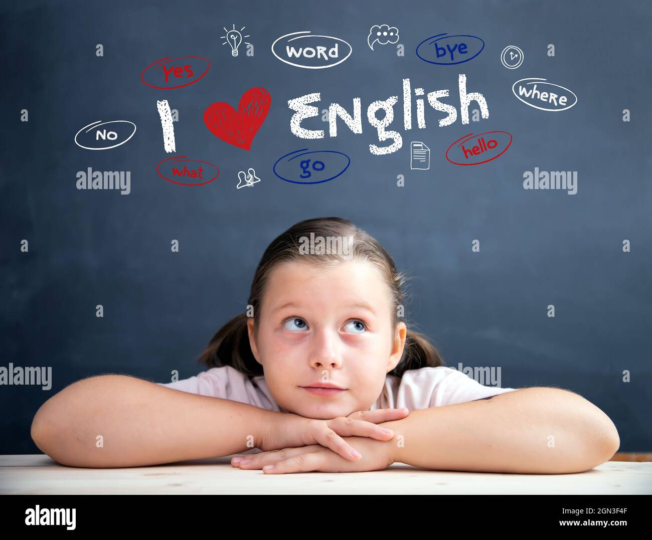 Language education, learn english concept. Little girl with eyeglasses ...