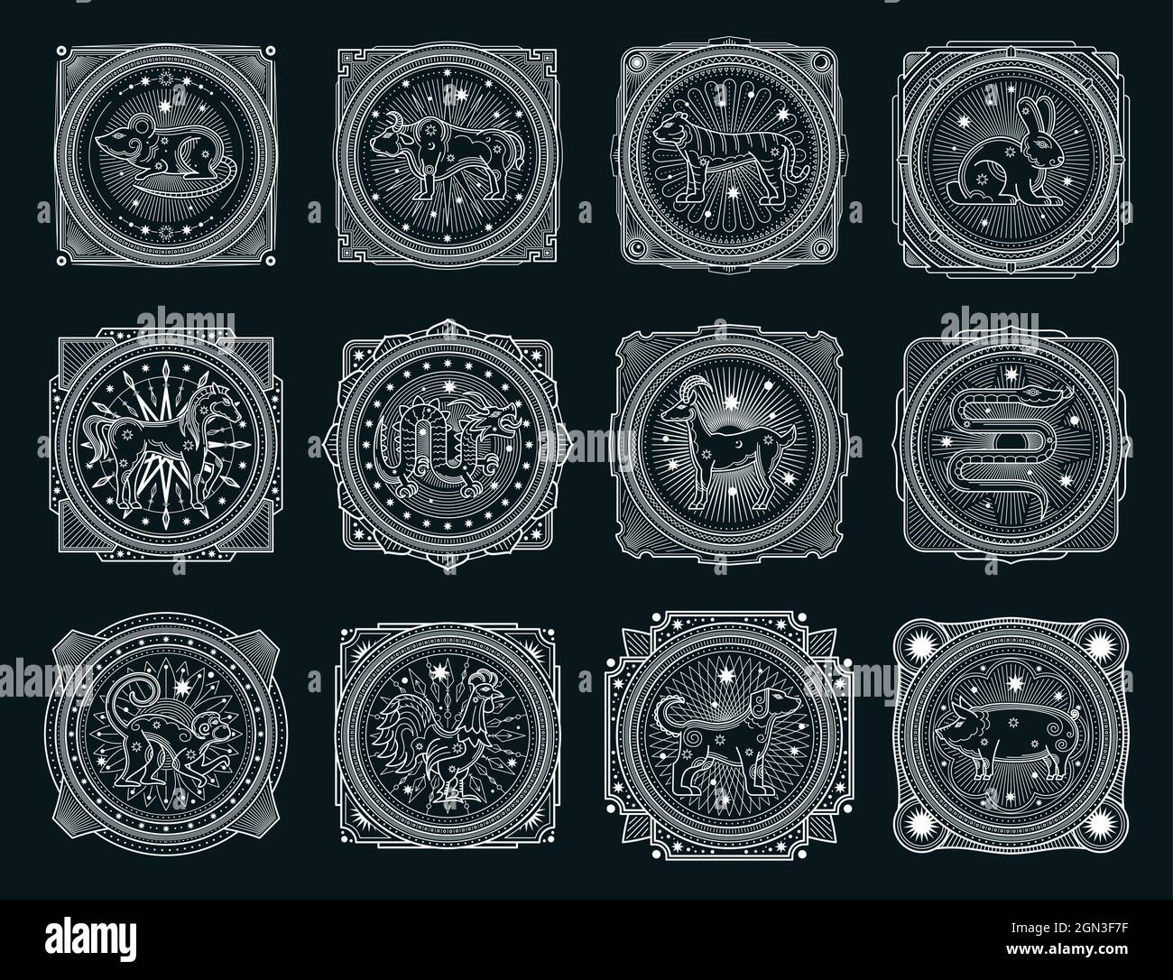 Chinese horoscope occult symbols and zodiac animals esoteric vector ... Chinese horoscope occult symbols and zodiac animals esoteric vector ...