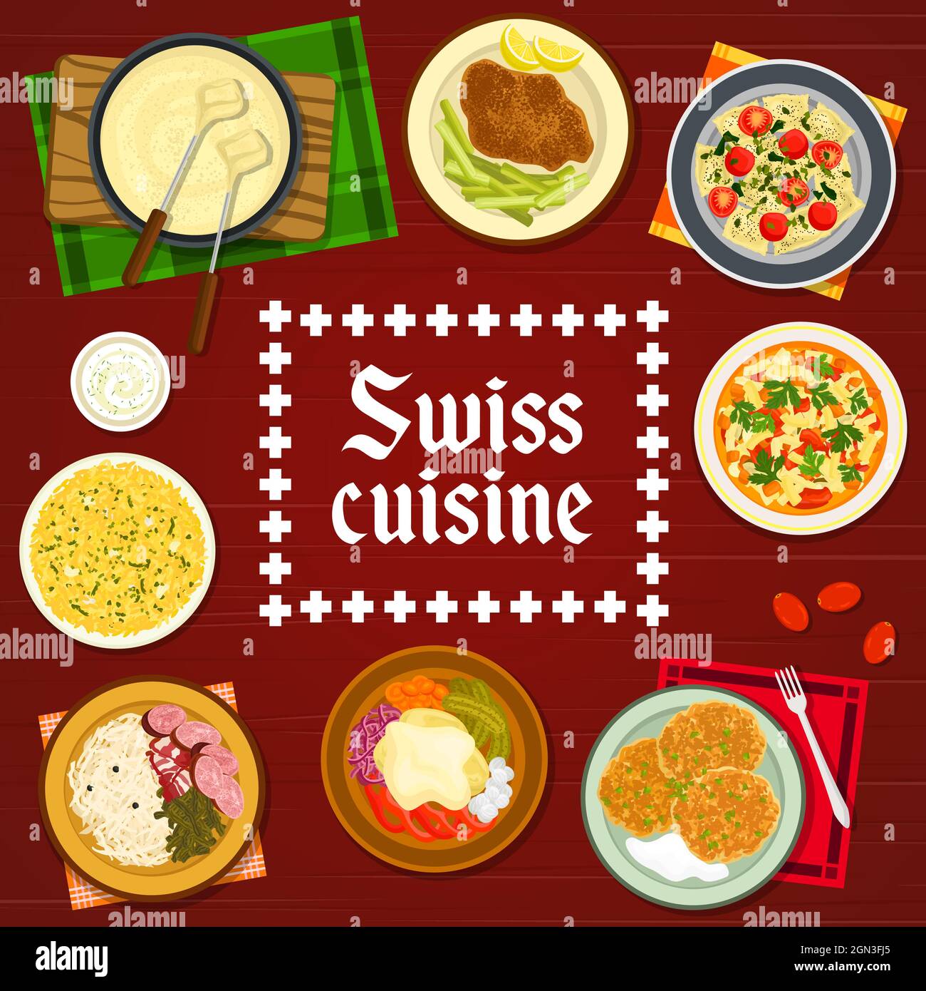 Swiss cuisine restaurant meals and dishes menu cover. Schnitzel ...
