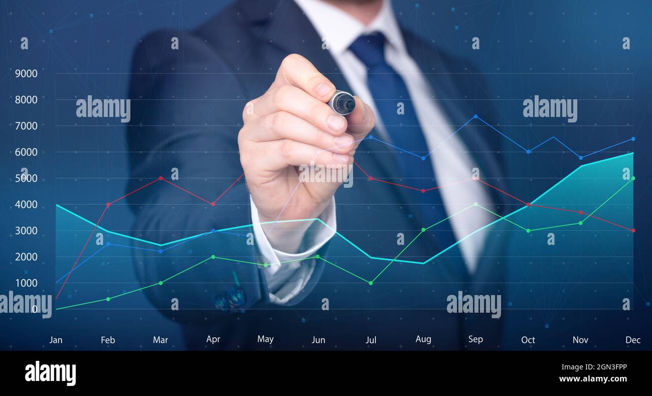 Businessman analysing stock market indicators or financial data and ...