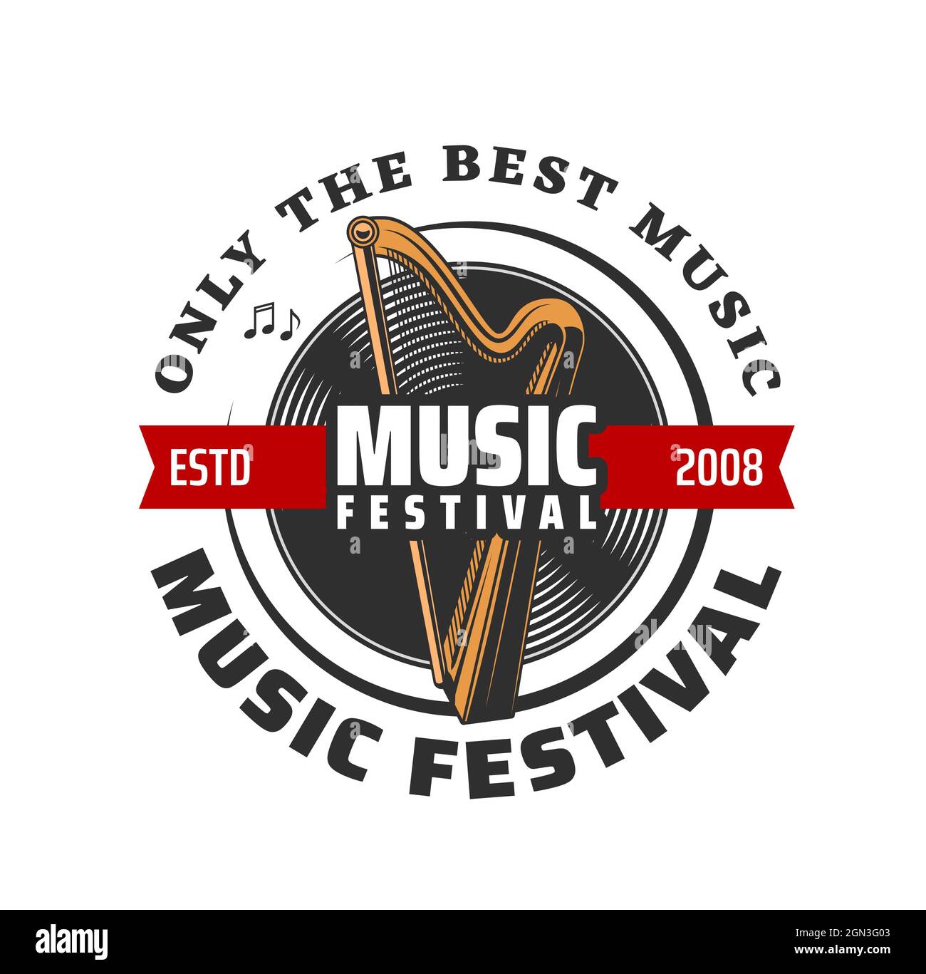 Music festival vector icon, harp, vinyl record and musical notes ...