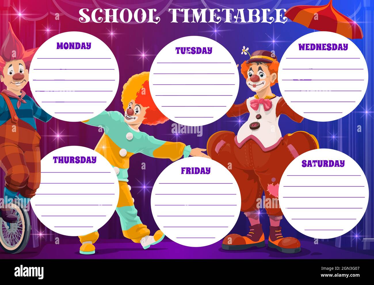 Circus clowns on school timetable, weekly planner for lessons. Vector ...