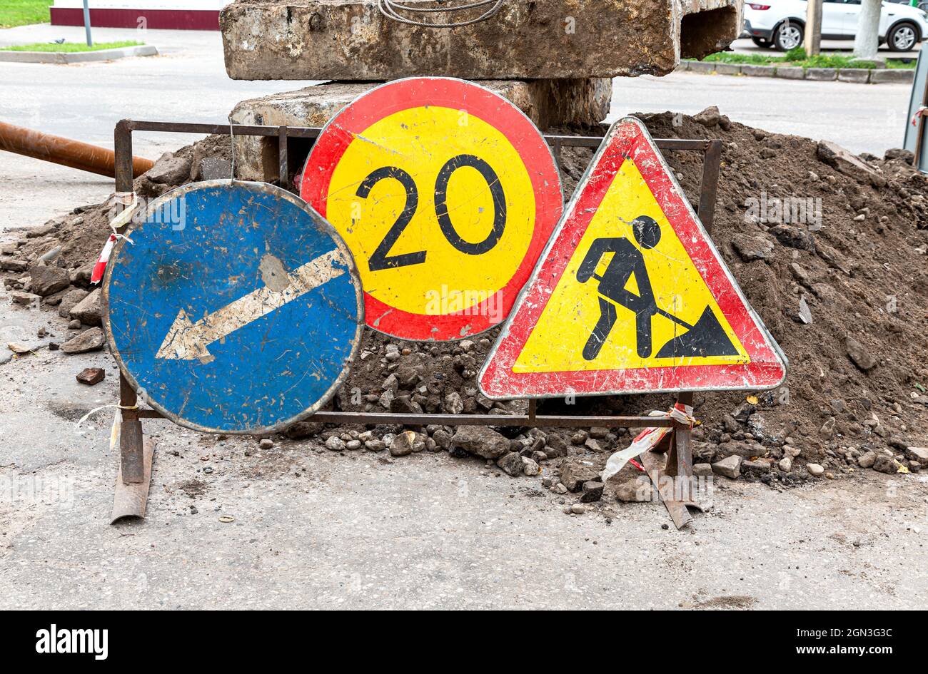 Road works traffic sign at the city street. Road under construction ...