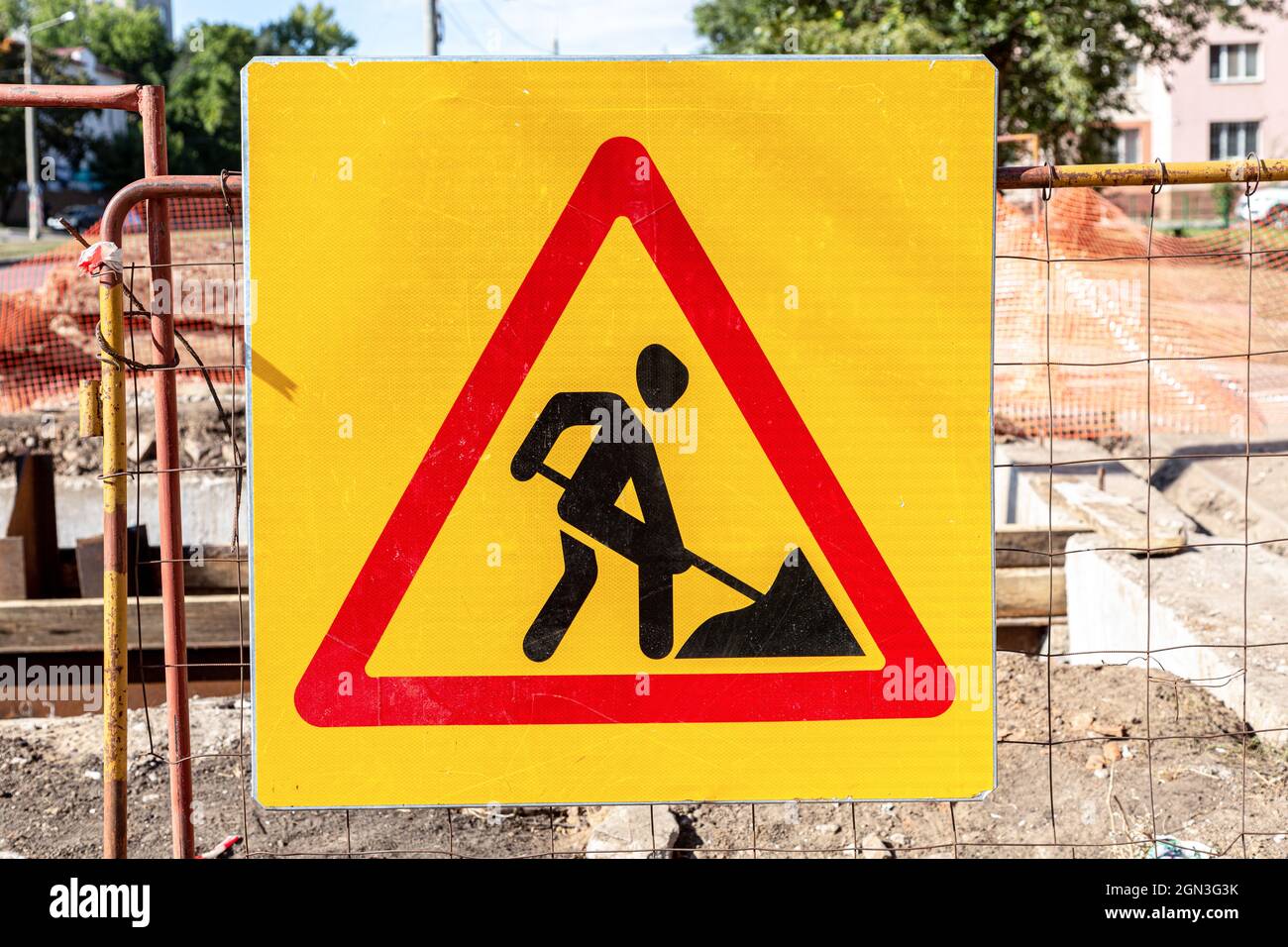 Road works traffic sign at the city street. Road under construction ...