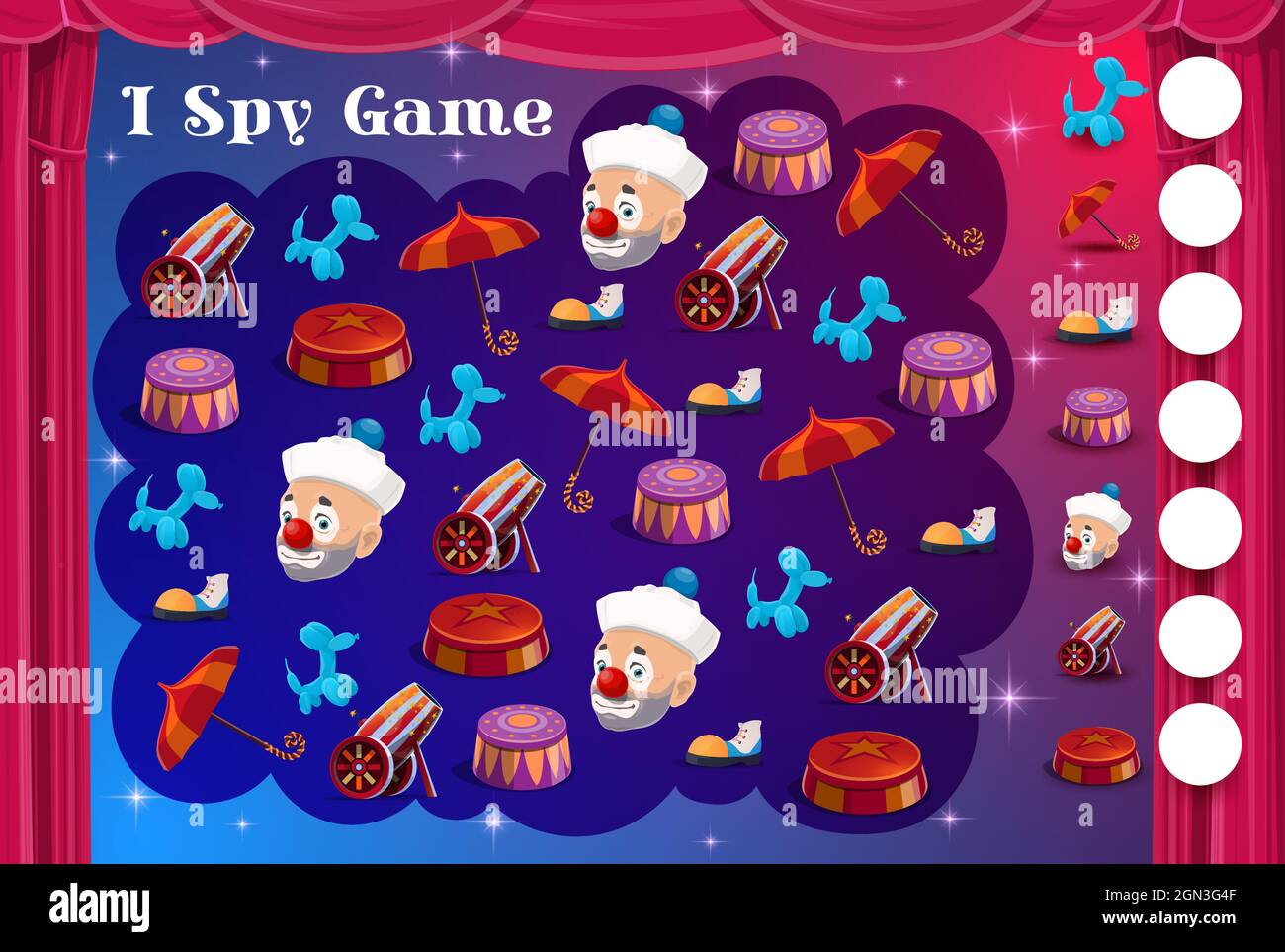 Kids I spy game with circus items and clowns, vector cartoon find and ...