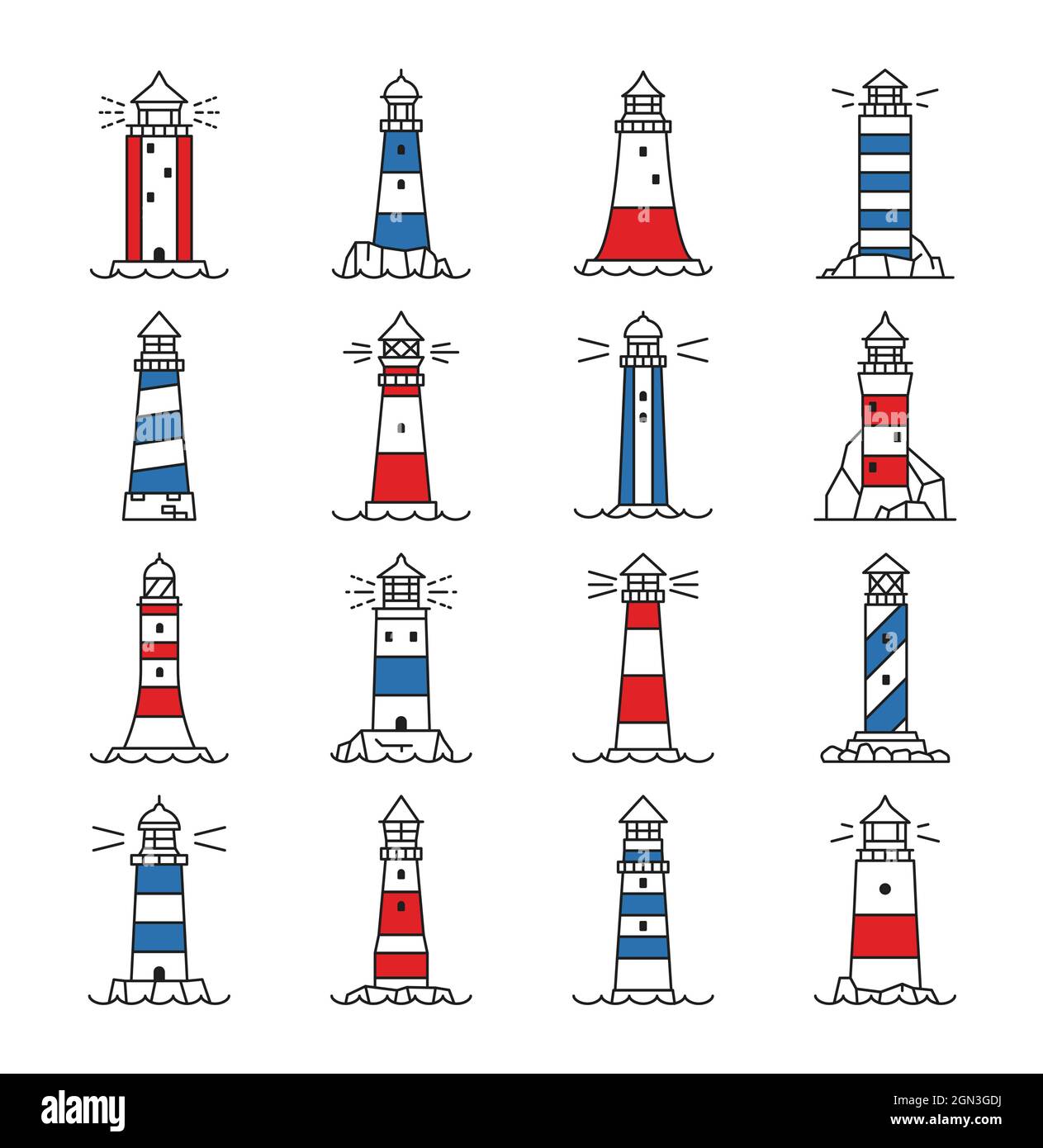 lighthouse and beacon building icons. Light house stripped towers on ...
