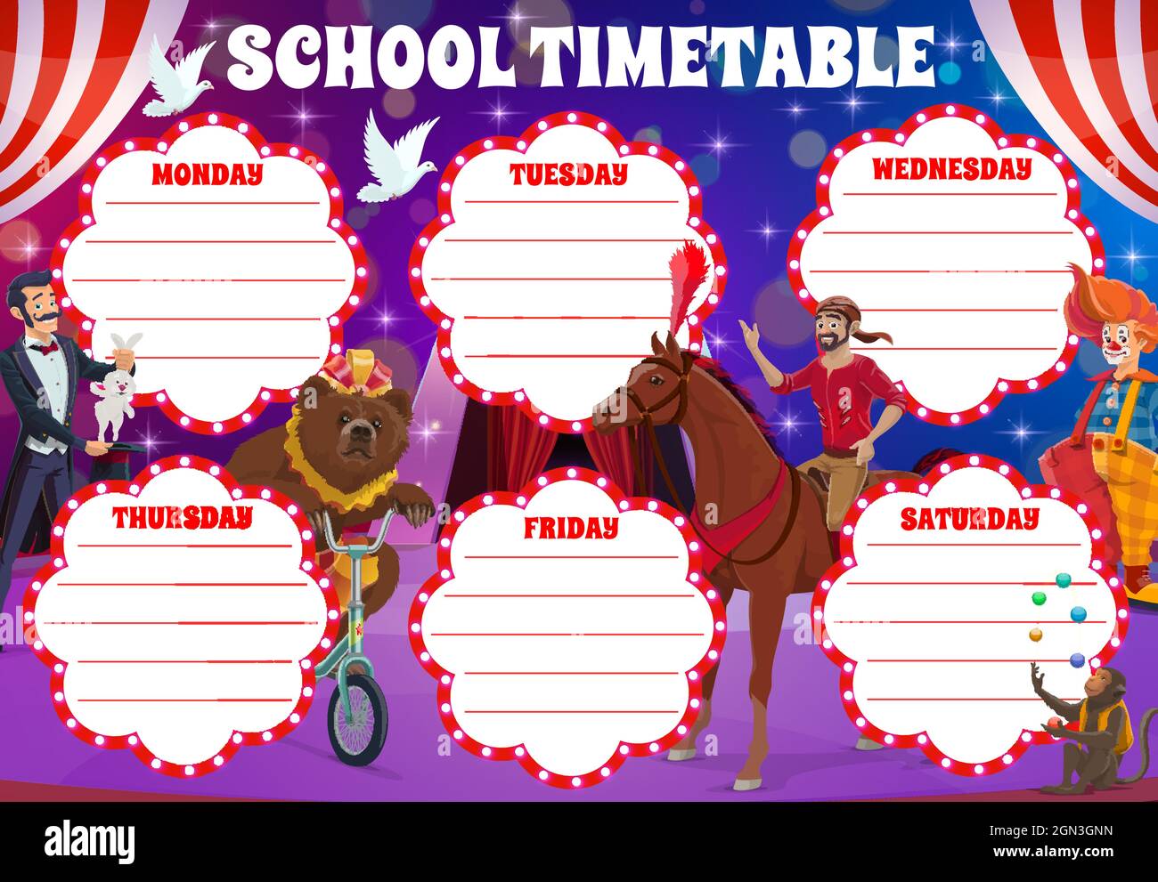 School timetable with circus stage and clowns, vector weekly planner ...
