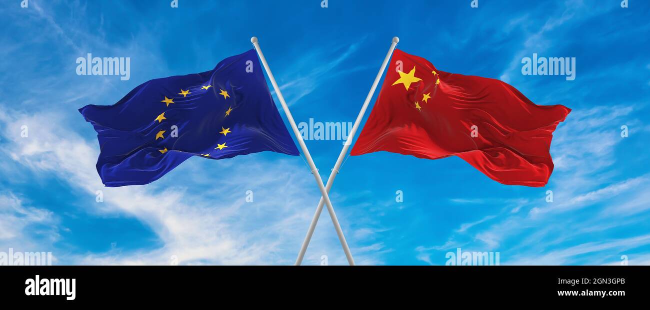 flags of China and The European Union waving in the wind on flagpoles ...