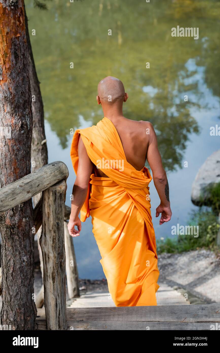 back view of buddhist monk walking on stairs in forest near lake Stock ...