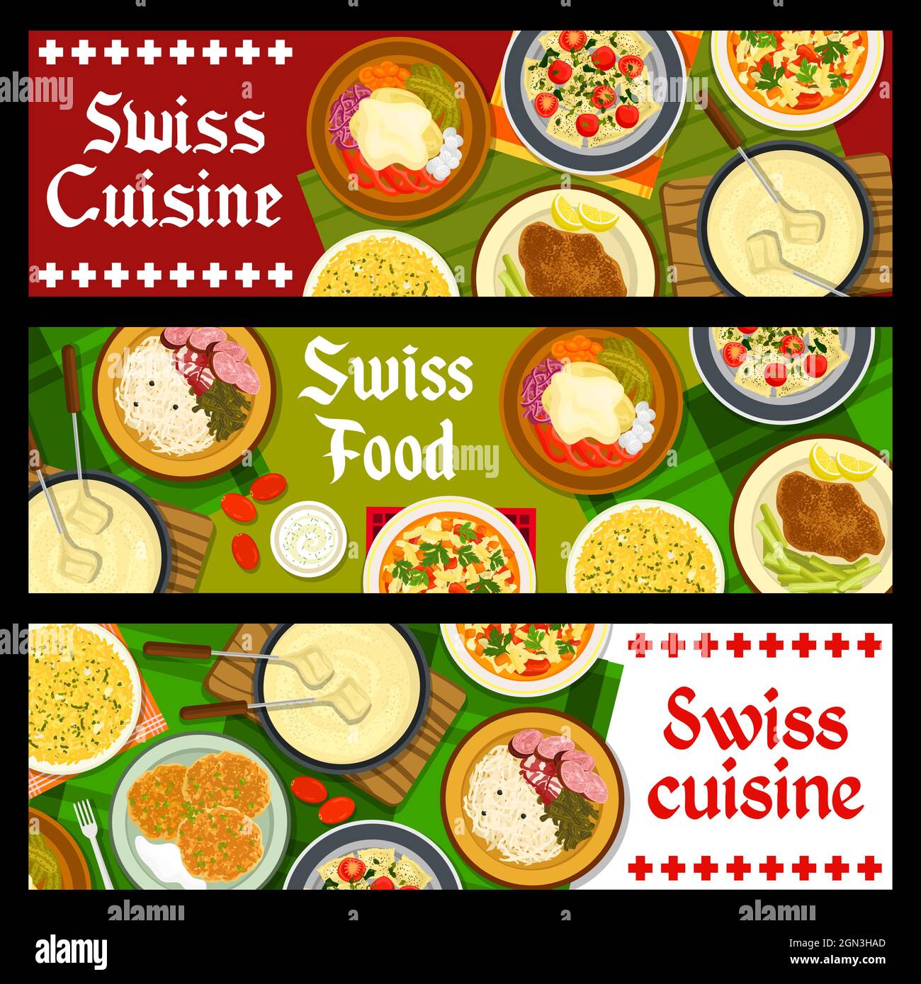 Swiss food restaurant meals banners. Raclette with potatoes and pickled ...