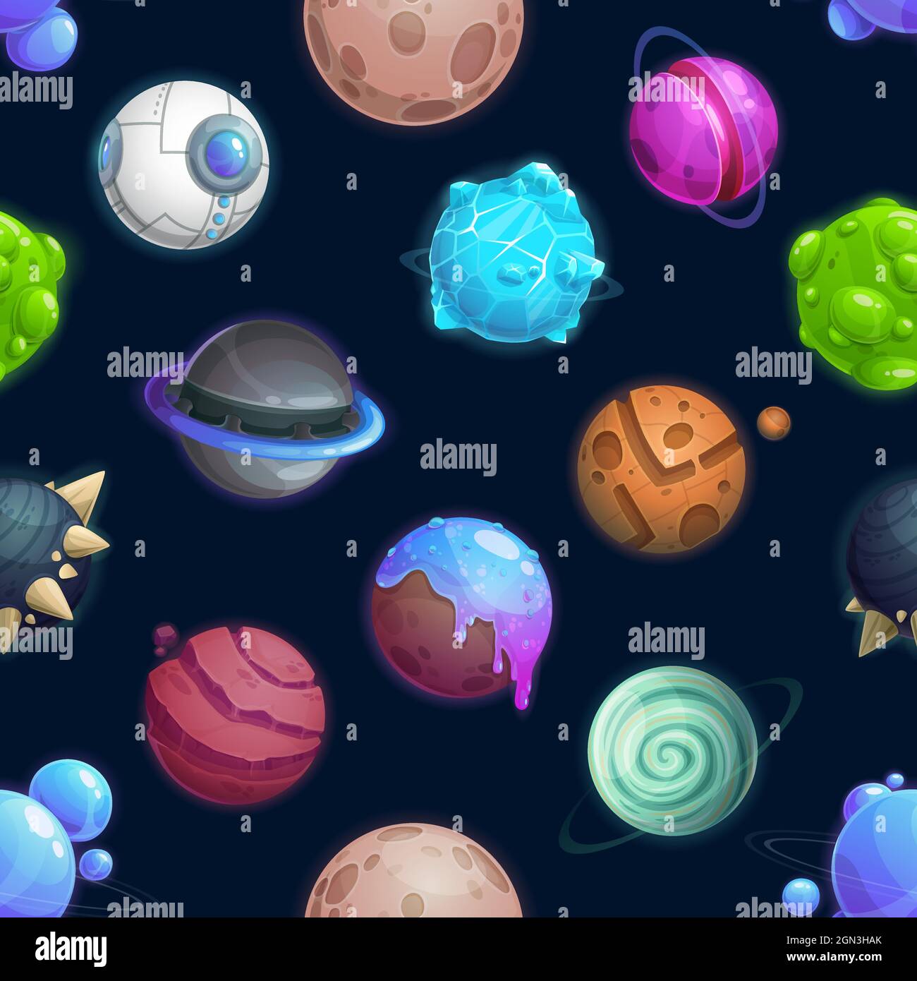 Cartoon space planets and stars seamless pattern, vector galaxy ...