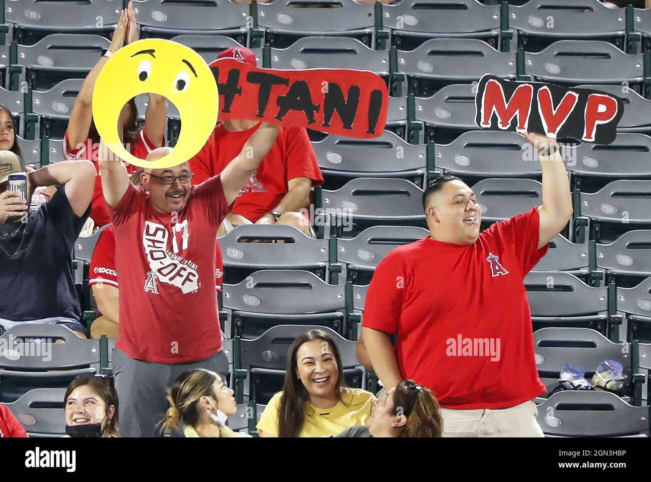 Fans cheer for Los Angeles Angels two-way player Shohei Ohtani during a ...