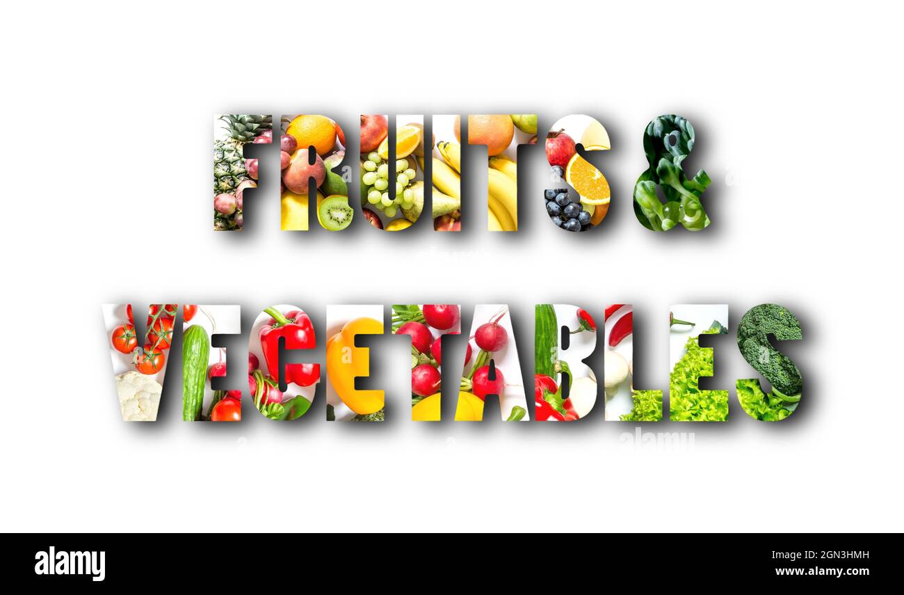 Different fruits and vegetables in the form of words fruits and ...