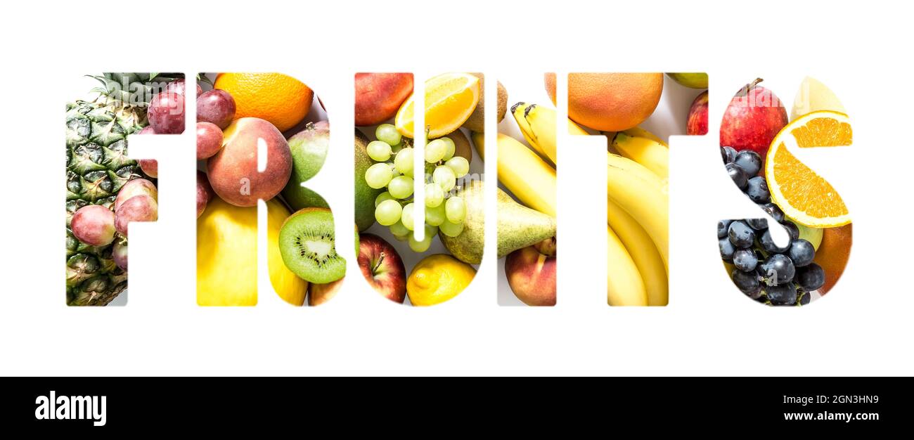 Different tropical fruits in the form of the word fruits isolated on ...