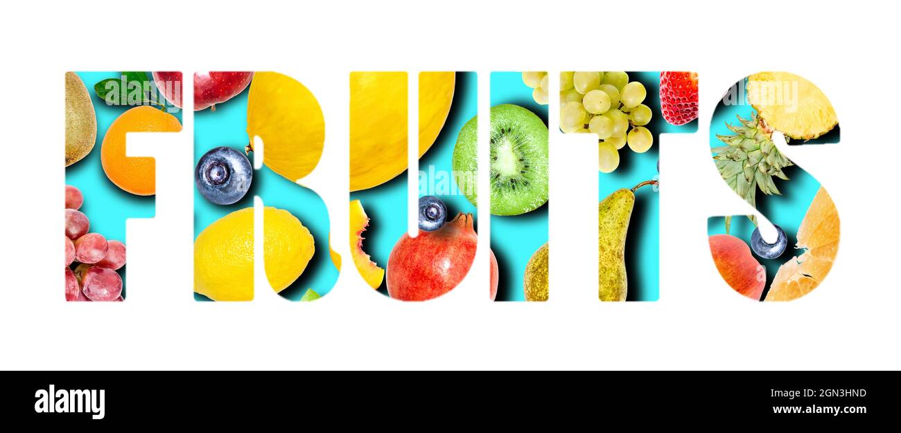 Different tropical fruits in the form of the word fruits isolated on ...