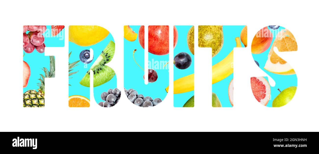 Different tropical fruits in the form of the word fruits isolated on ...