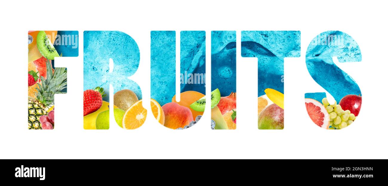 Different tropical fruits in the form of the word fruits isolated on ...