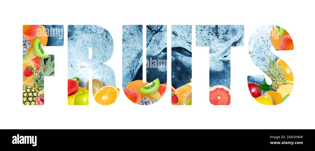 Different tropical fruits in the form of the word fruits isolated on ...
