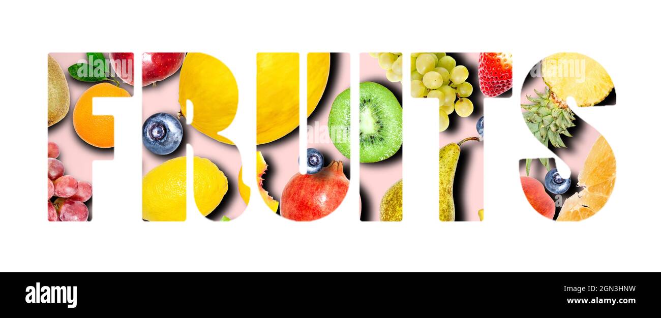 Different tropical fruits in the form of the word fruits isolated on ...