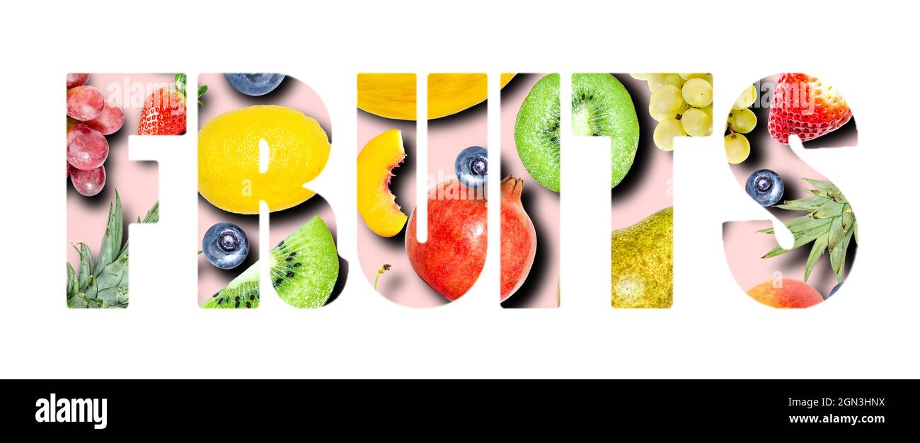 Different tropical fruits in the form of the word fruits isolated on ...