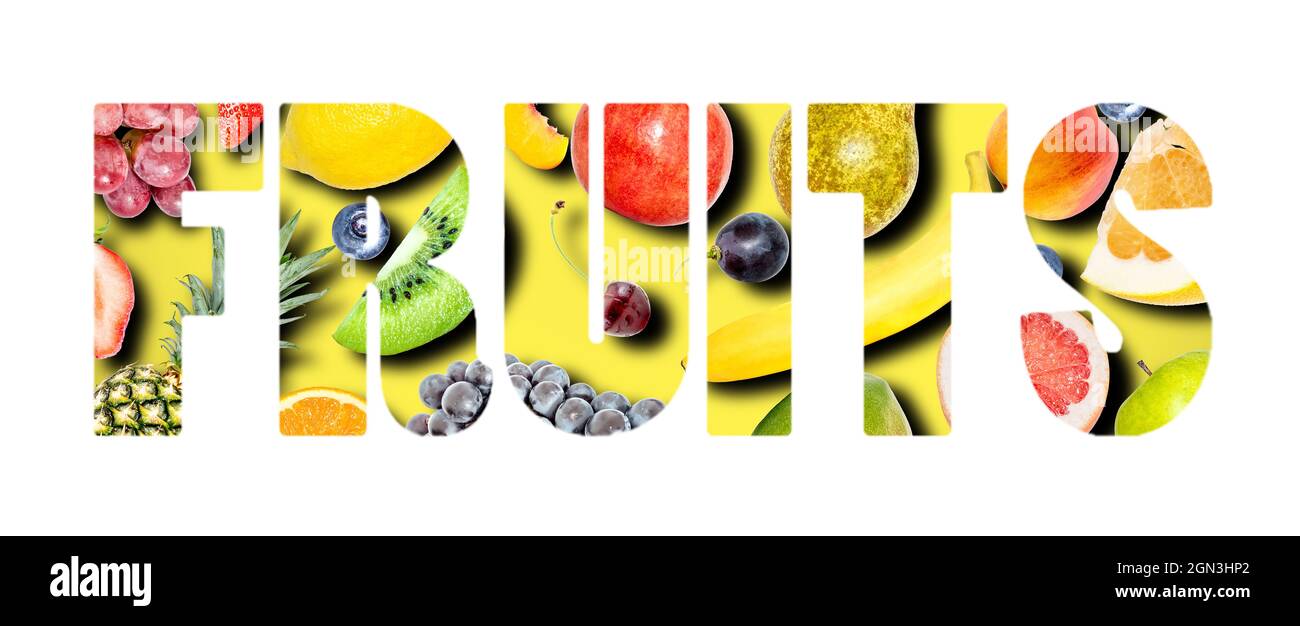 Different tropical fruits in the form of the word fruits isolated on ...