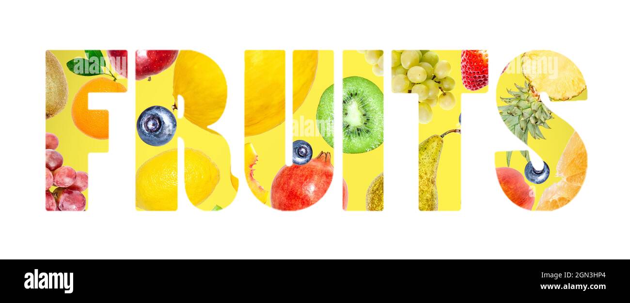 Different tropical fruits in the form of the word fruits isolated on ...