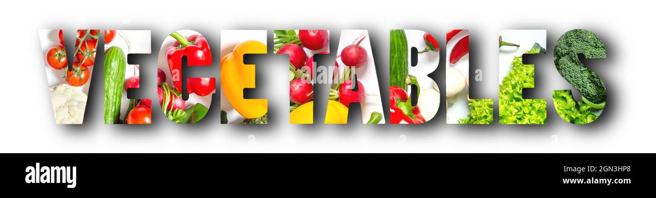 Different vegetables in the form of the word vegetables with shadow ...