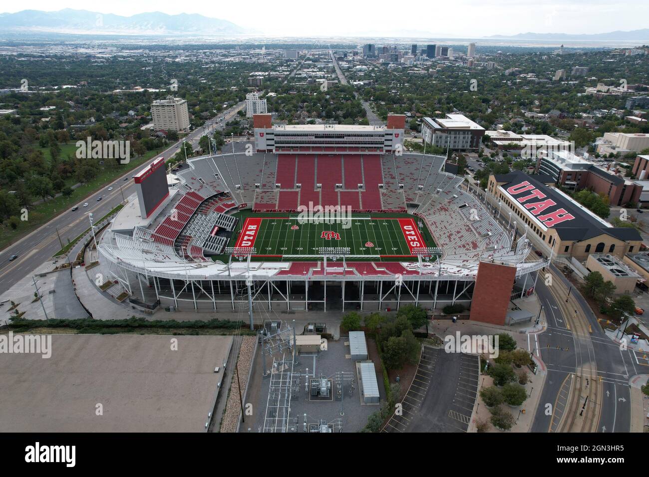 An aerial view of Rice-Eccles Stadium on the campus of the University ...