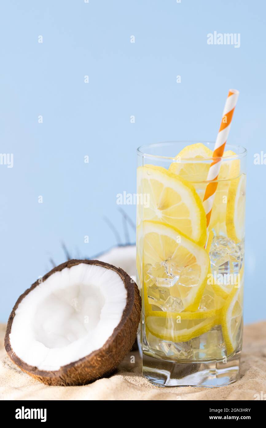 coconut and lemonade on sandy beach. Travel and beach vacation Stock ...