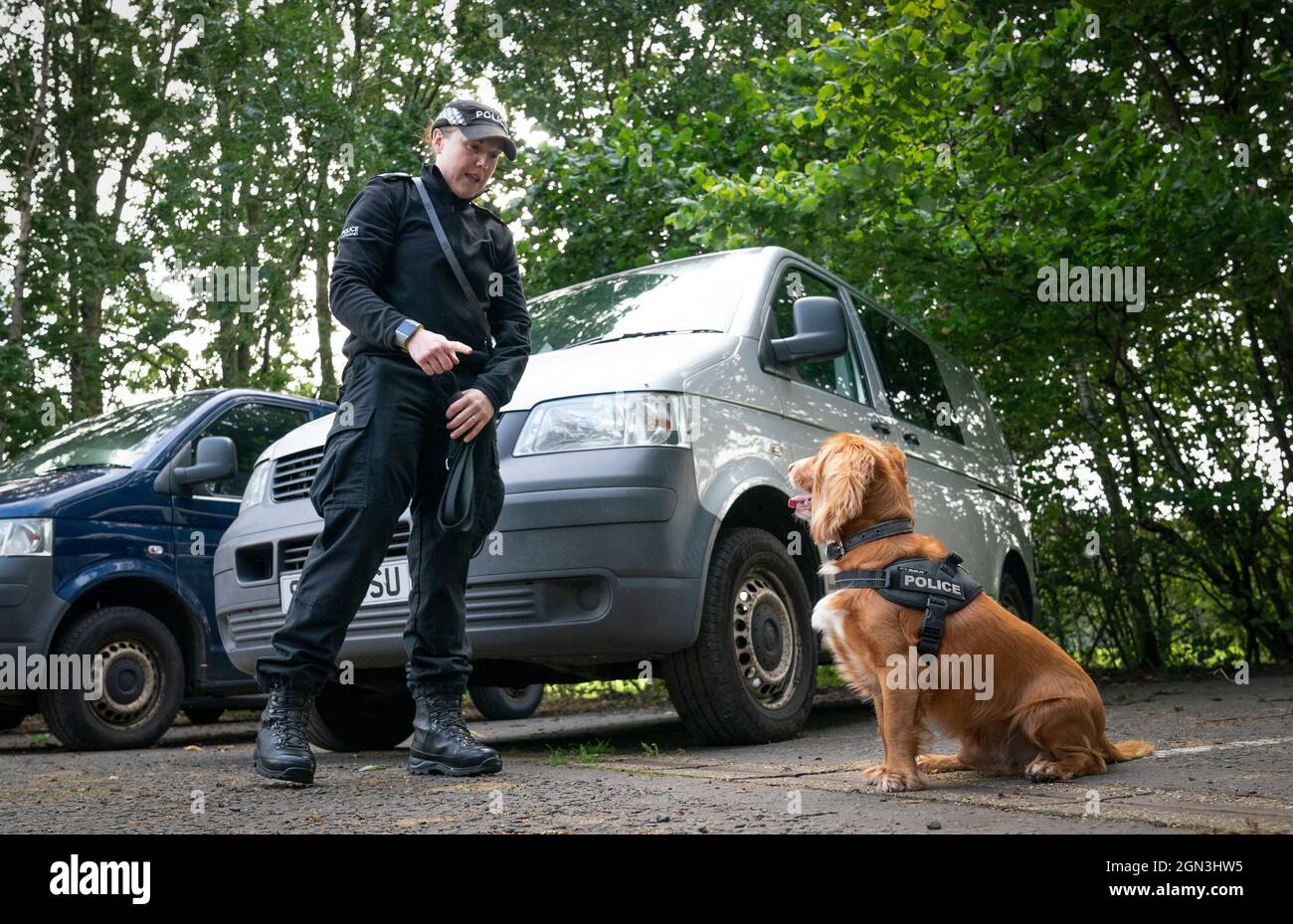 Sergeant Lynsey Buchanan-Barlas with Nico the explosives search dog as ...