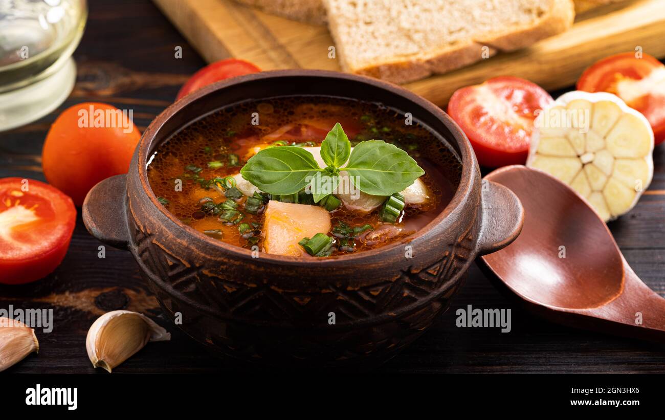traditional Ukrainian, Russian borscht with chicken. Red borscht with ...