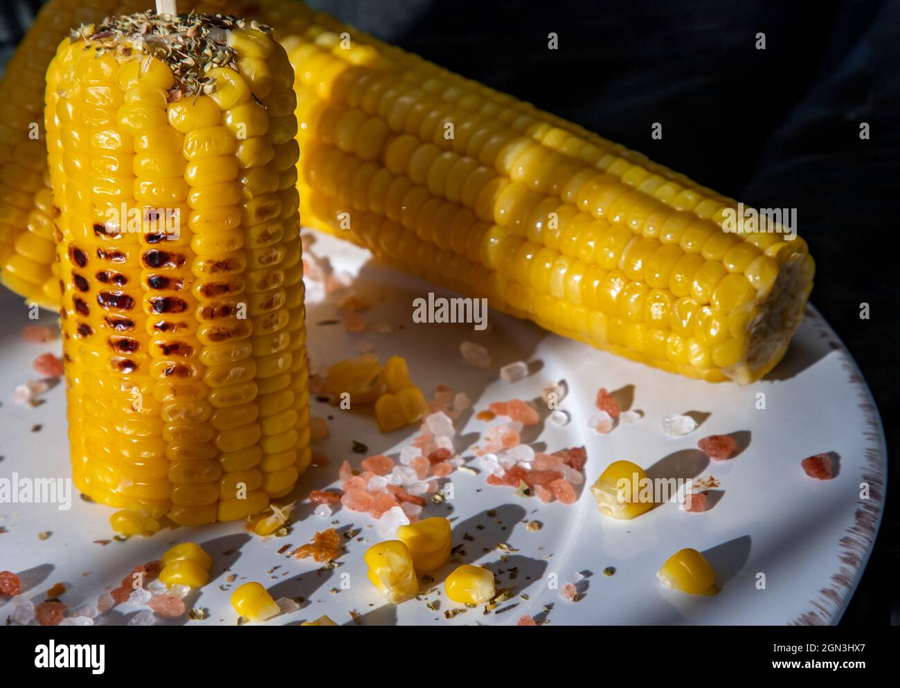 Grilled corn on the cob on classic white plate over dark background ...