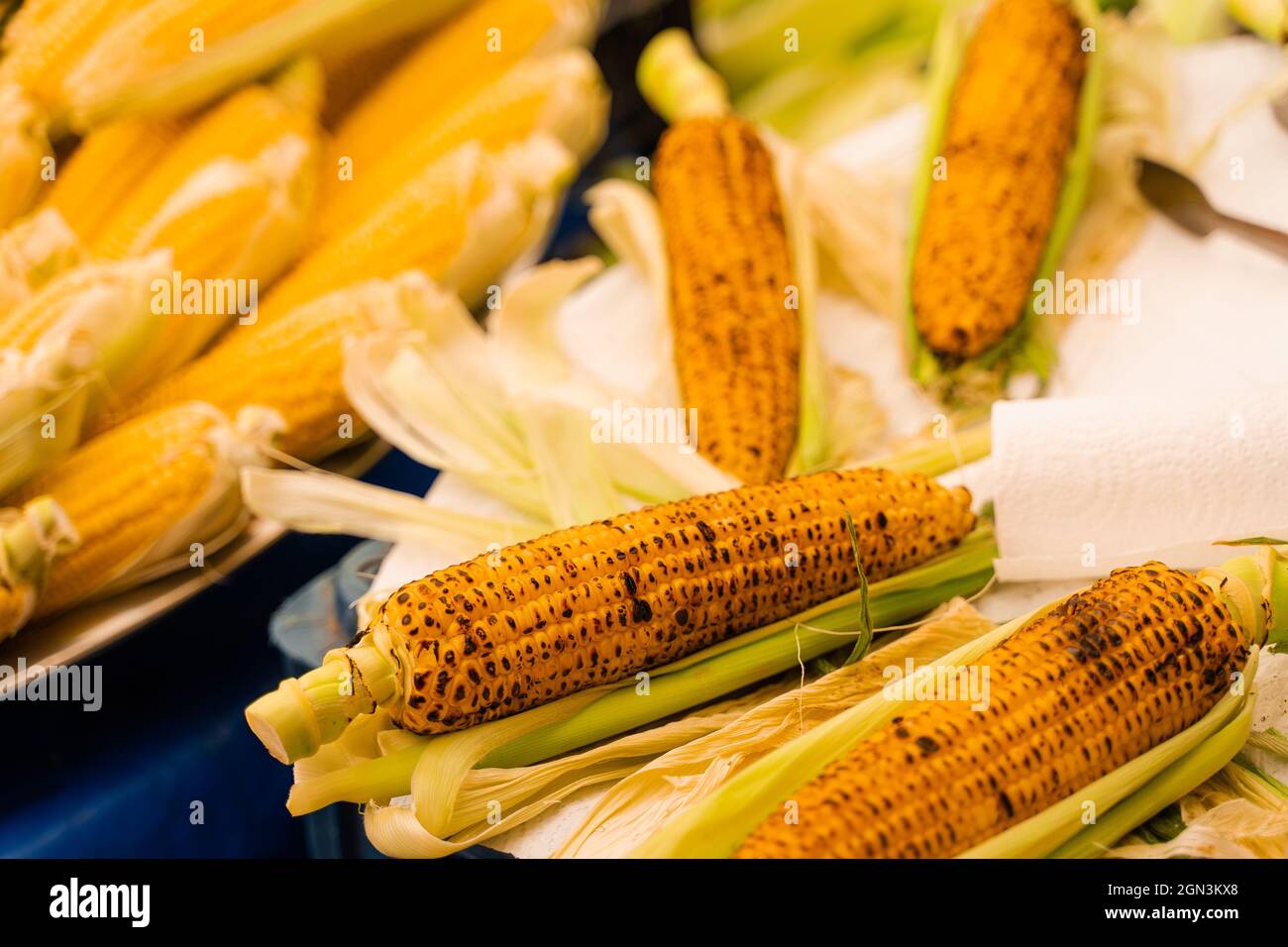 Fried corn on the grill on street. Healthy street food in Turkish ...