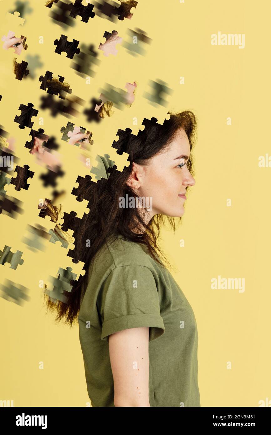 Modern collage of caucasian girl isolated over yellow background ...