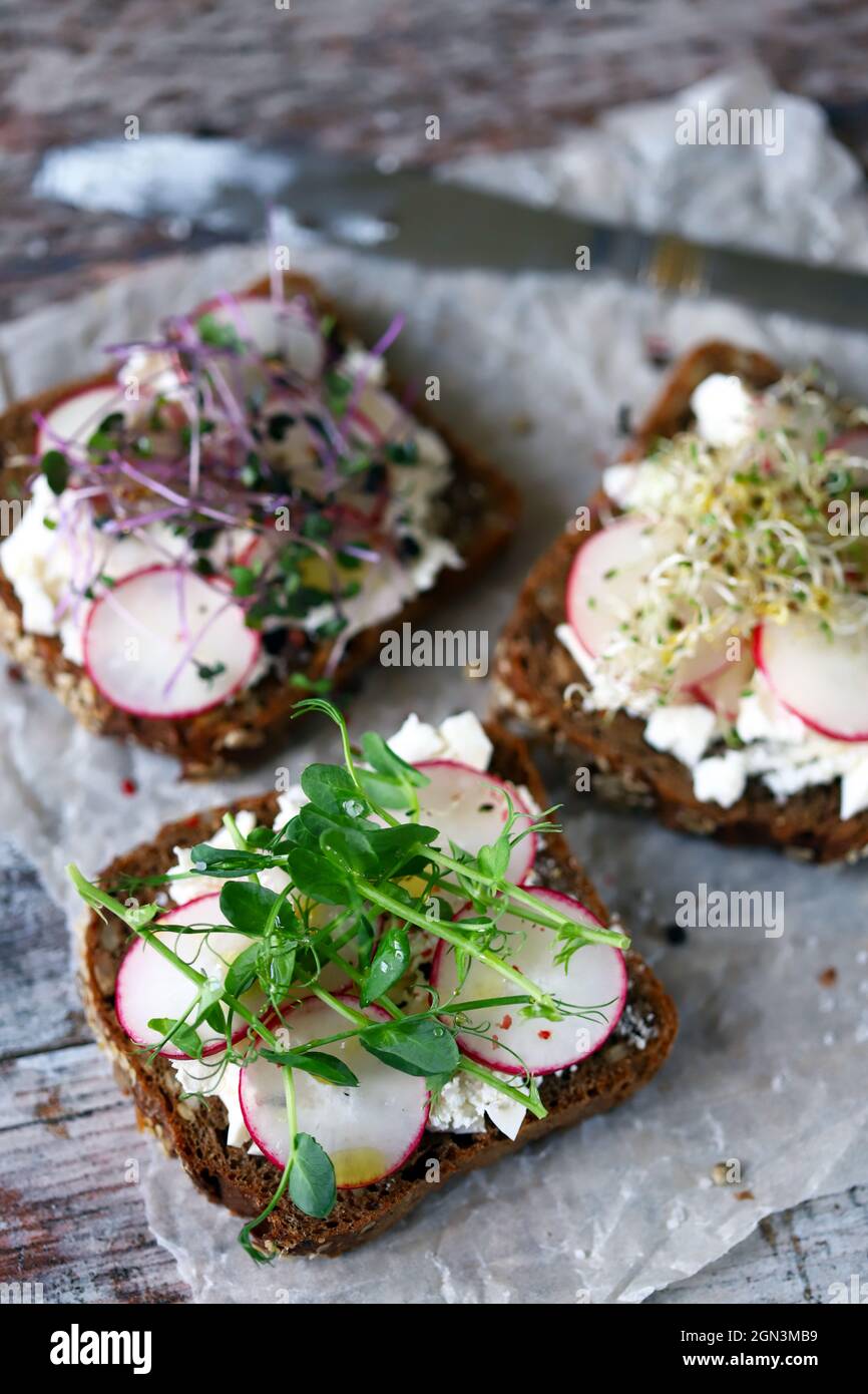 Healthy toasts with white cheese radish and microgreens. Keto diet ...