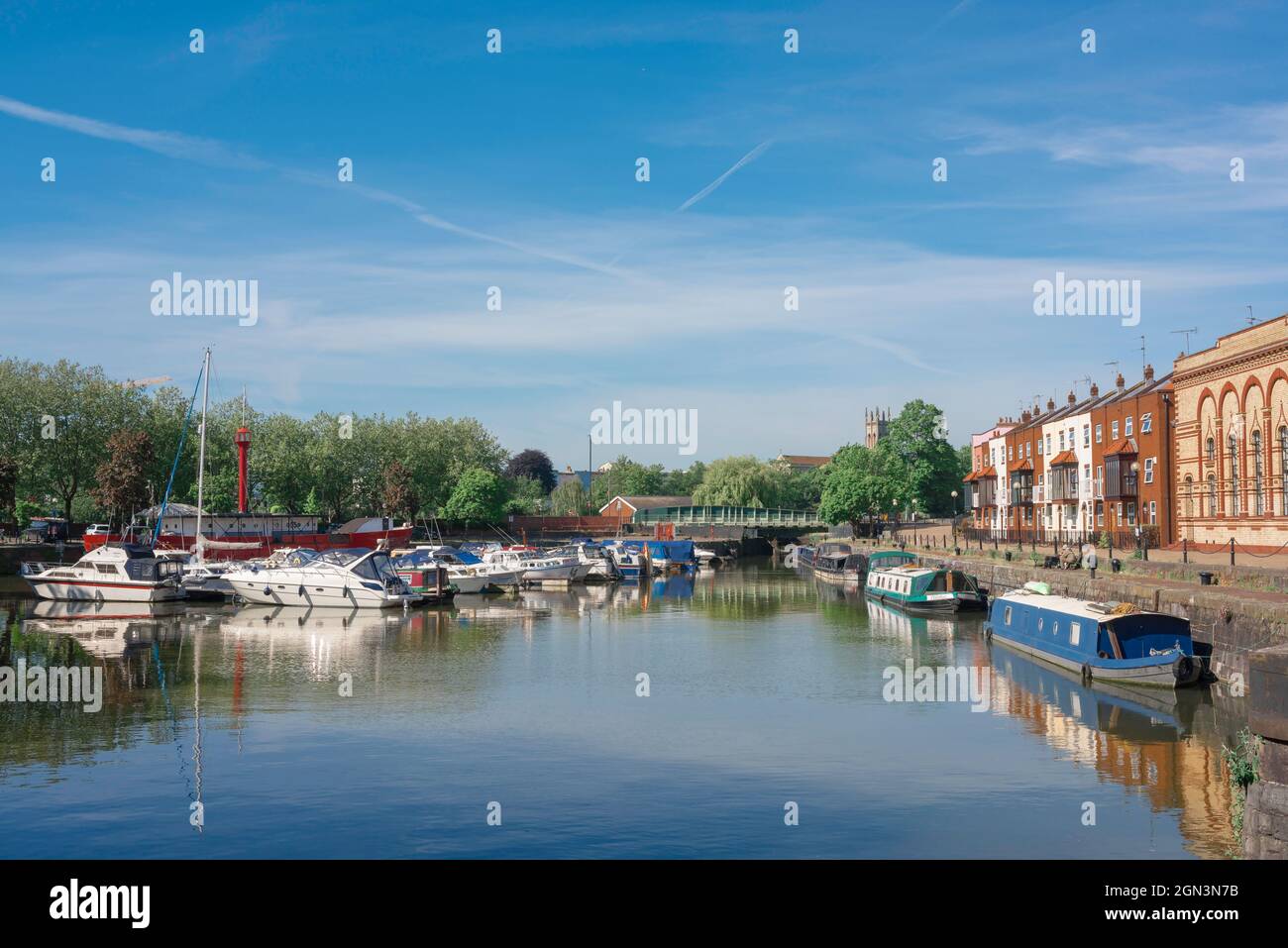 Bathurst Basin Bristol, view in summer of boats and barges moored in ...