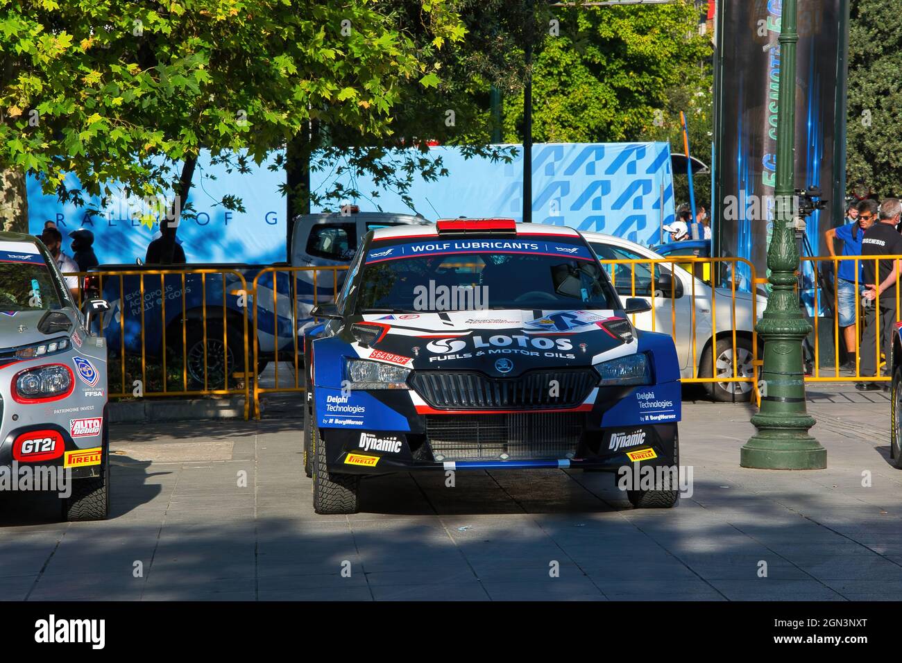Racing cars, Rally Acropolis 2021, first day, in the center of Athens ...