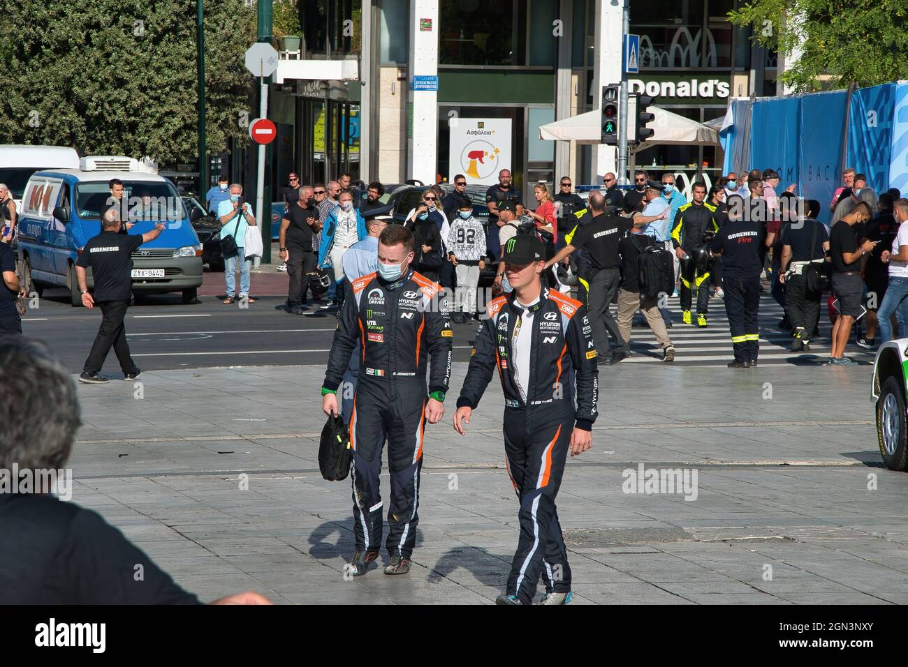 Racing cars, Rally Acropolis 2021, first day, in the center of Athens ...