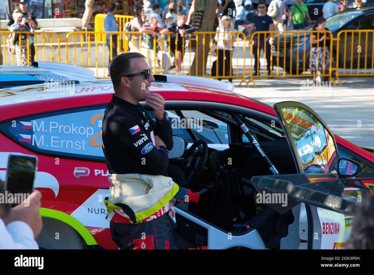 Racing cars, Rally Acropolis 2021, first day, in the center of Athens ...
