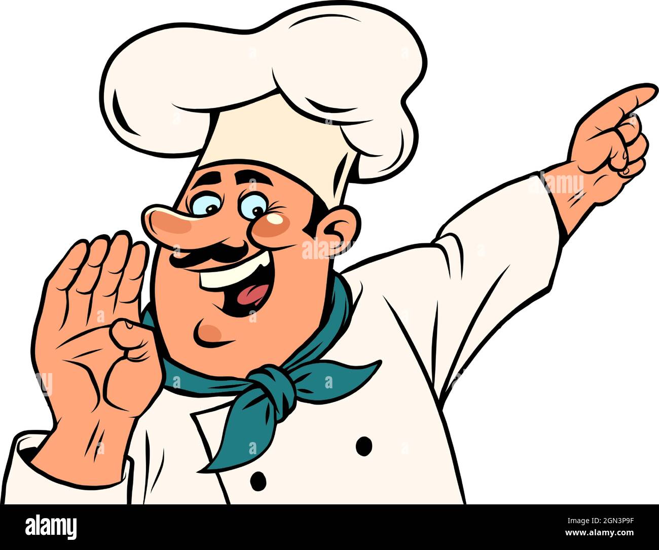 Man chef in a white cap. Smiling face. Professional points a finger ...